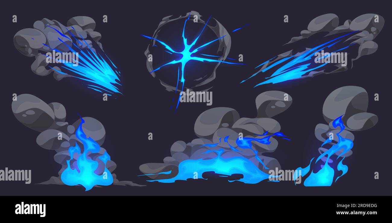 Cartoon set of explosion effects with neon blue fire and grey clouds of ...