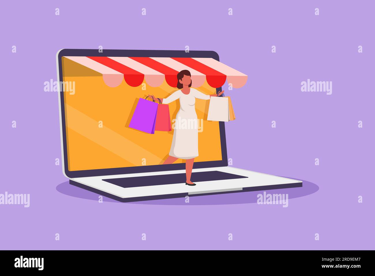 Graphic flat design drawing young woman coming out of laptop screen ...