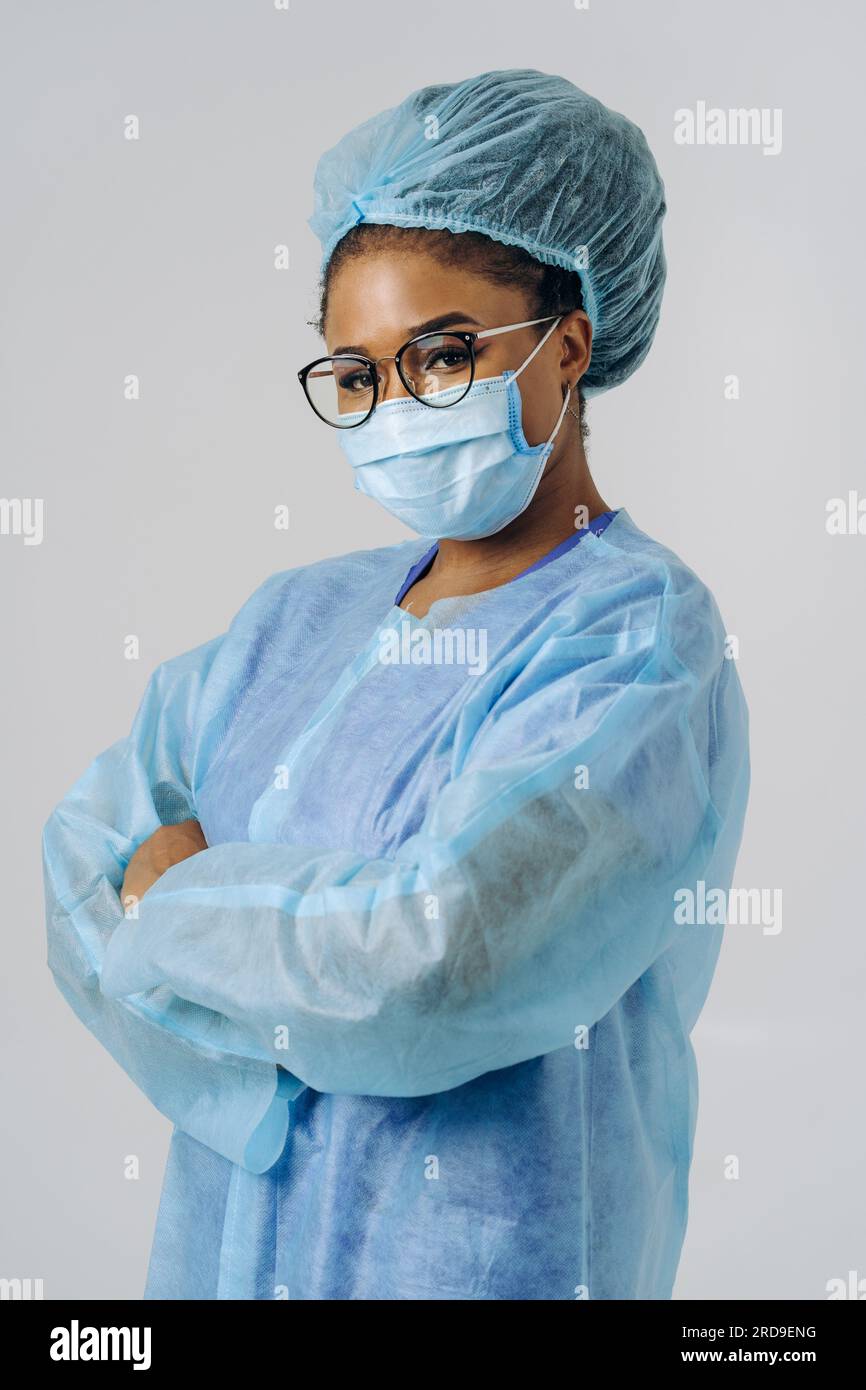Portrait of young female african american doctor or nurse woman on ...
