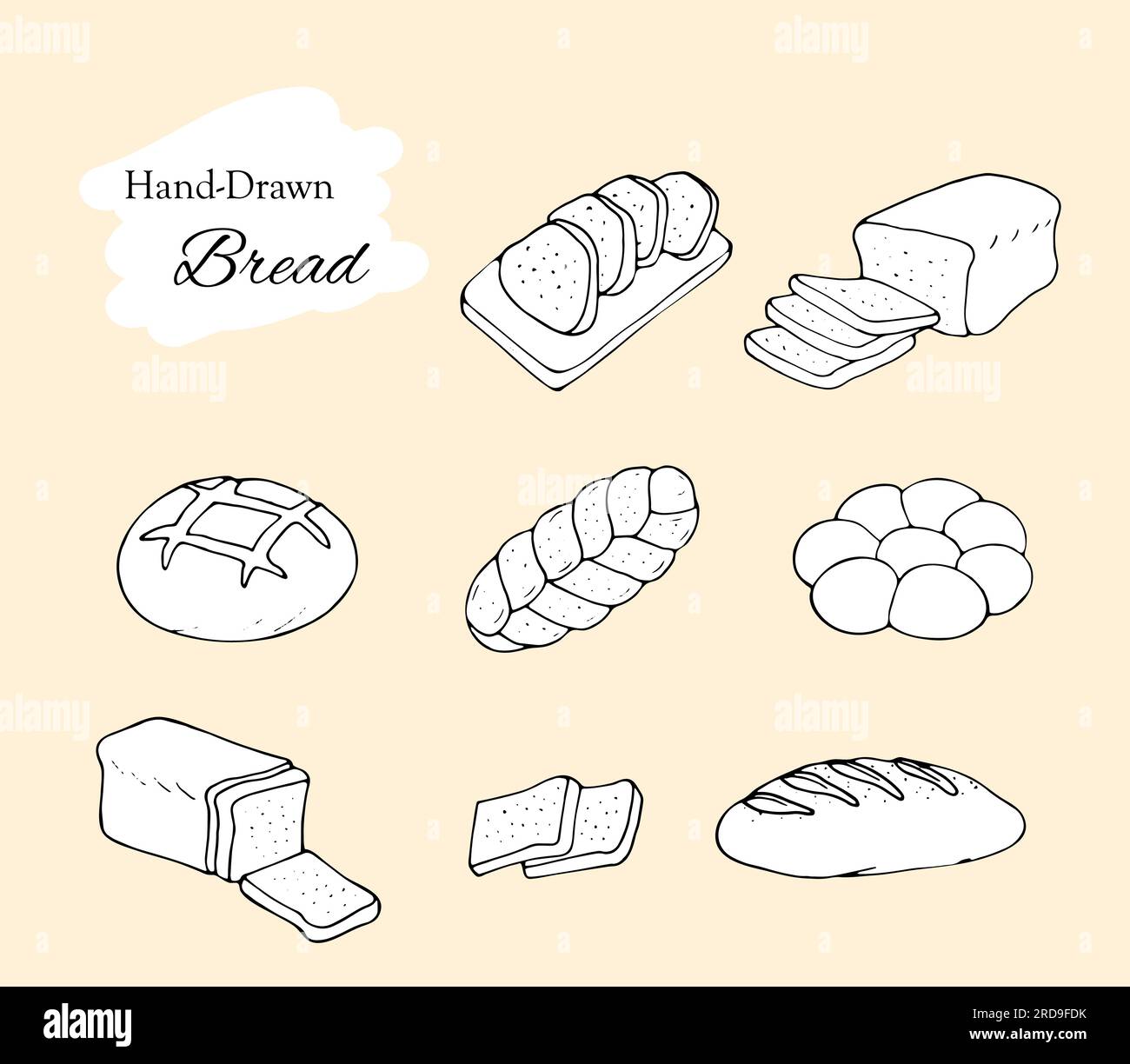 Hand-drawn set of bread illustration, sliced, chamomile bread, and a ...