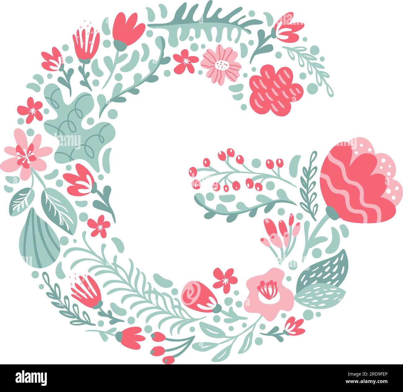 Vector Hand Drawn Font Letter G with Flowers and Branches Blossom ...
