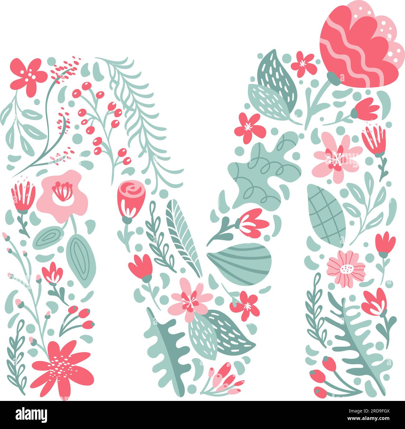 Vector Hand Drawn Font Letter M with Flowers and Branches Blossom ...