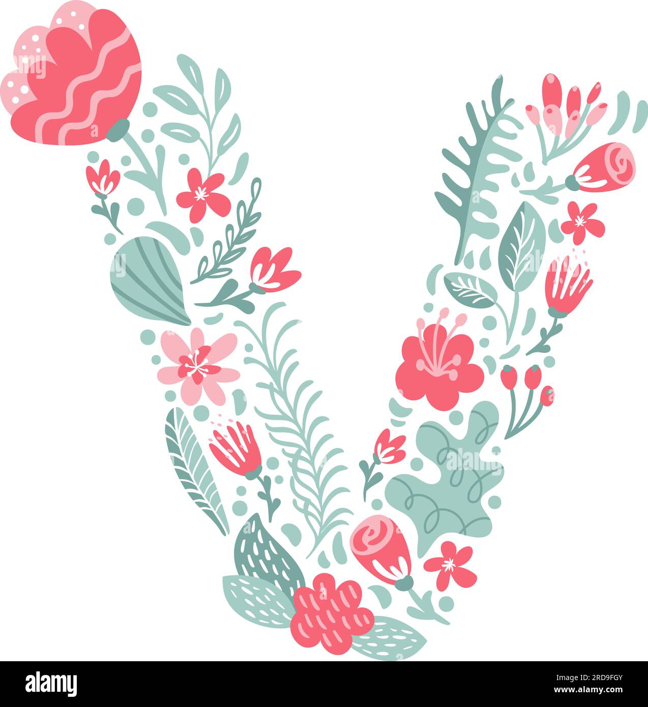 Vector Hand Drawn Font Letter V with Flowers and Branches Blossom ...