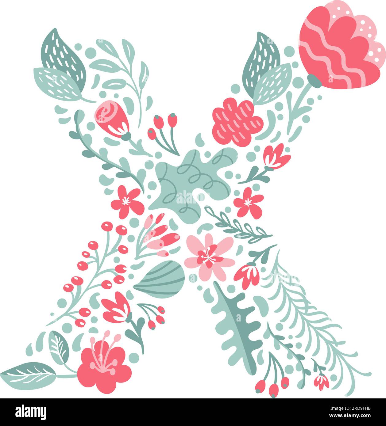 Vector Hand Drawn Font Letter X with Flowers and Branches Blossom ...