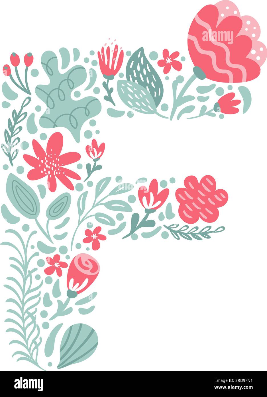 Vector Hand Drawn Font Letter F with Flowers and Branches Blossom ...