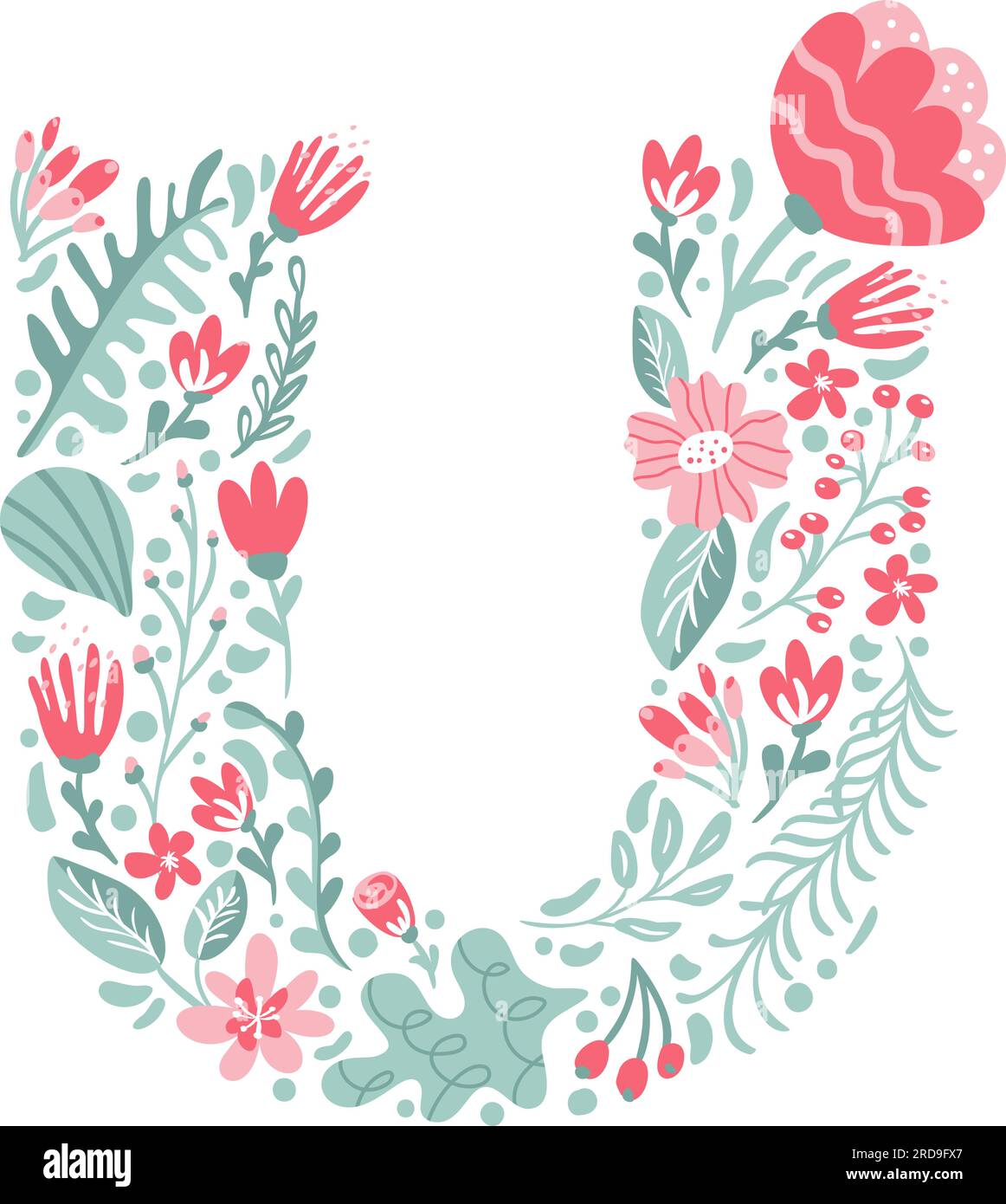 Vector Hand Drawn Font Letter U with Flowers and Branches Blossom ...