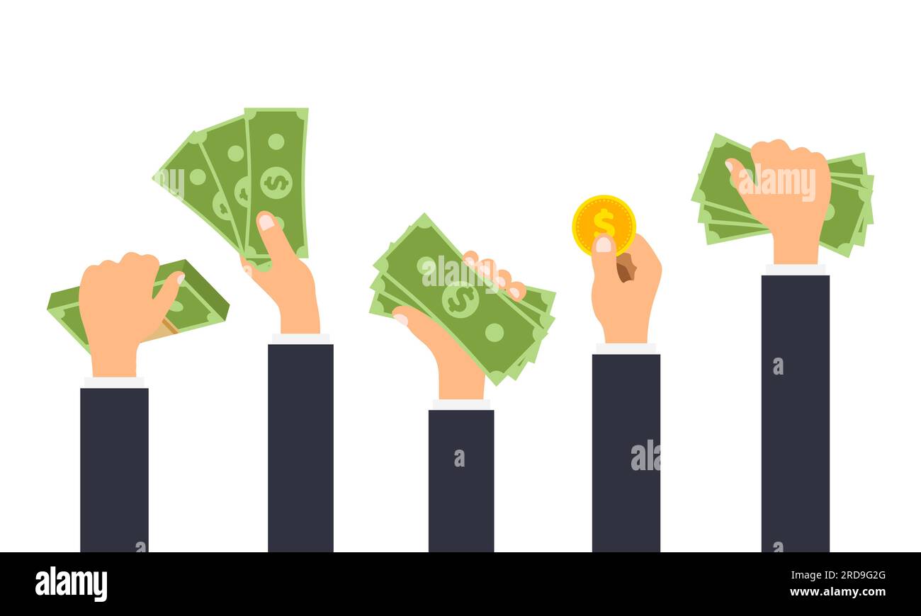 Hand is holding money. Human hands set with dollar banknotes and gold ...