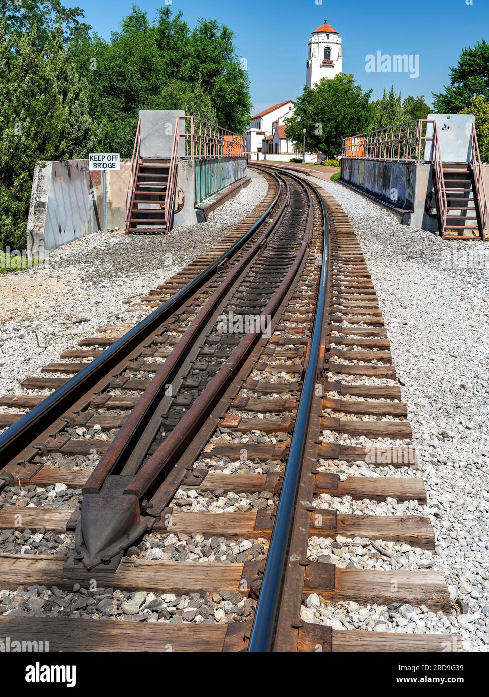 Train depot with train tracks leading lines Stock Photo - Alamy