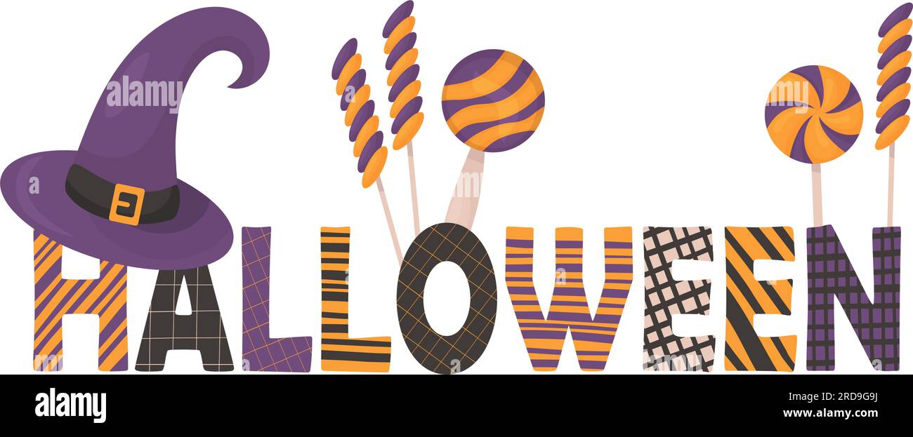 Halloween. Decorative letters with witch hat, striped sweets candies ...