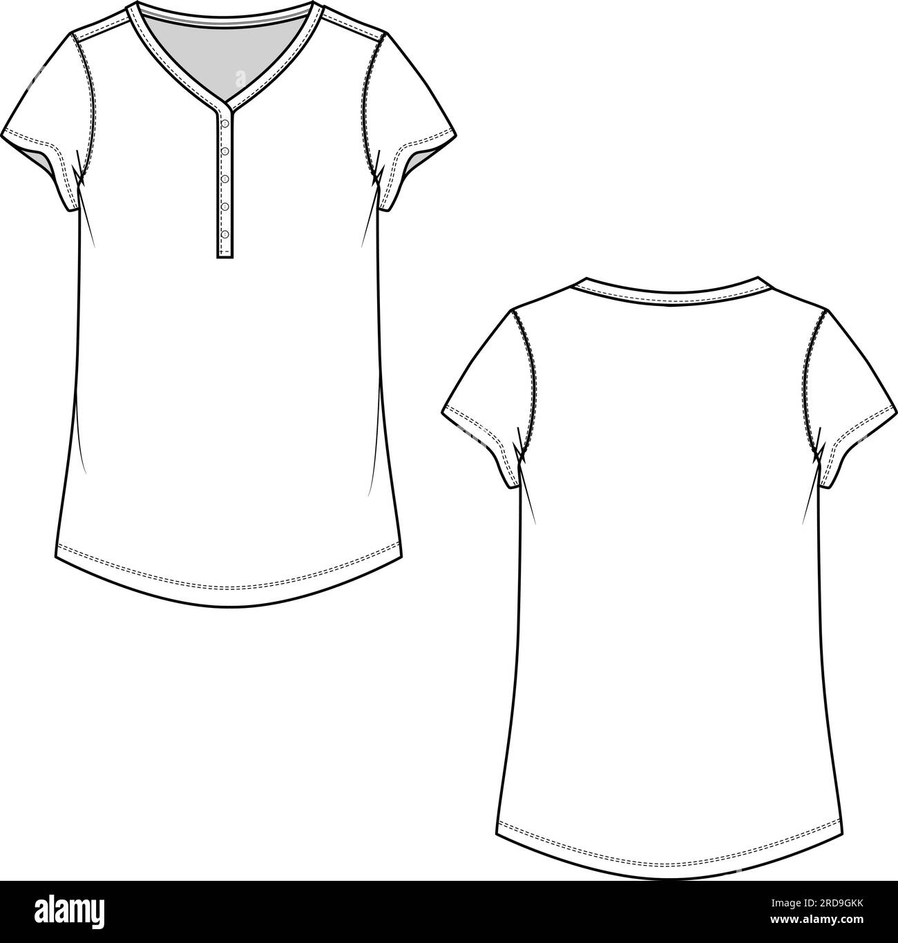 Womens Henley neck Short sleeve t-shirt top technical flat sketch ...