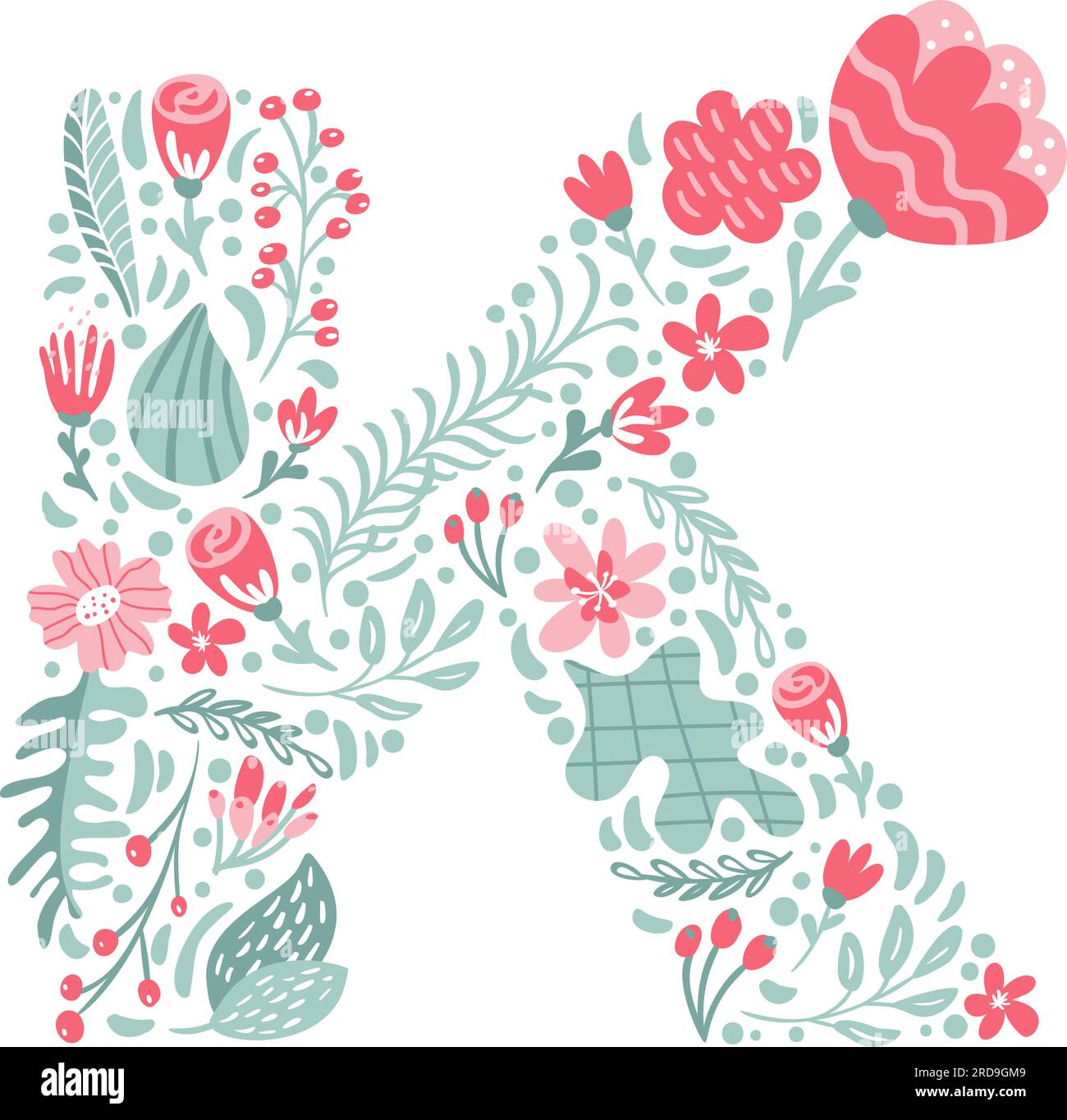 Vector Hand Drawn Font Letter K with Flowers and Branches Blossom ...