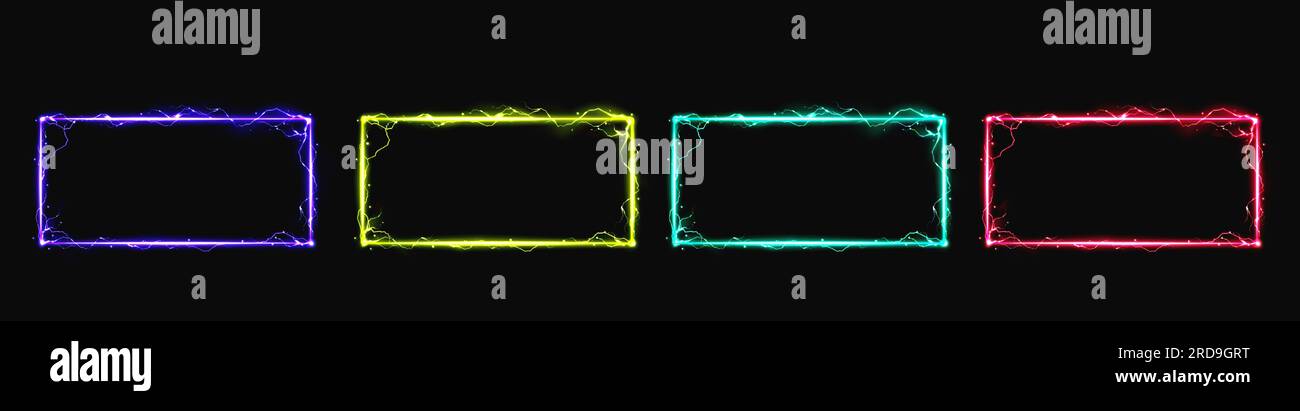 Neon lightning effect electric glow frame vector. Magic spark border with thunder sign energy ...