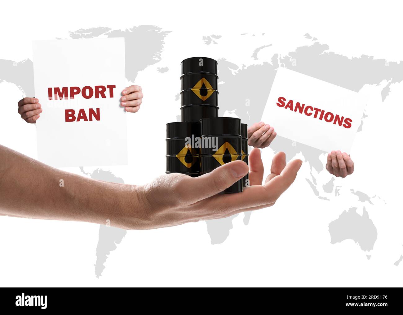 Economic sanctions. Man holding oil barrels in hand, closeup ...