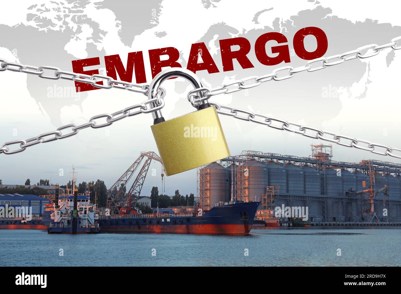 Economic sanctions. Ship in port near grain terminal. Illustration of ...