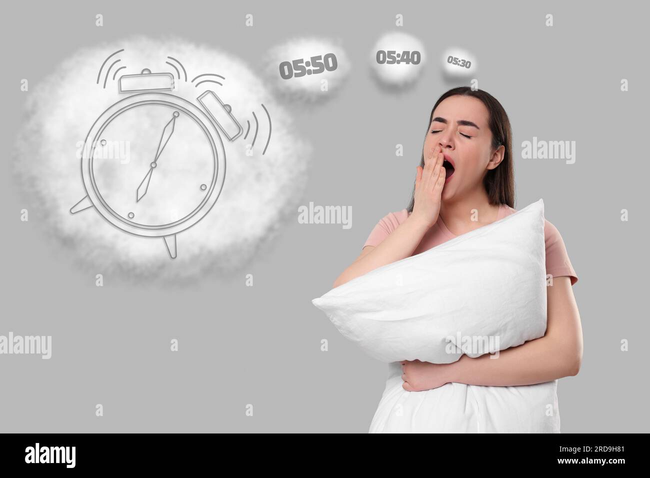 Suffering from insomnia. Woman with pillow yawning and thinking about ...