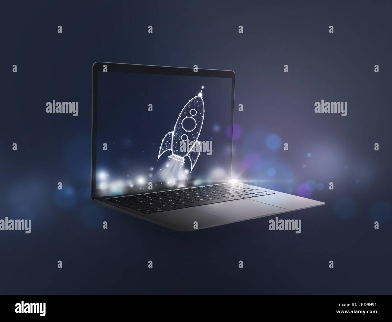 Business startup concept. Illustration of launching rocket from laptop ...