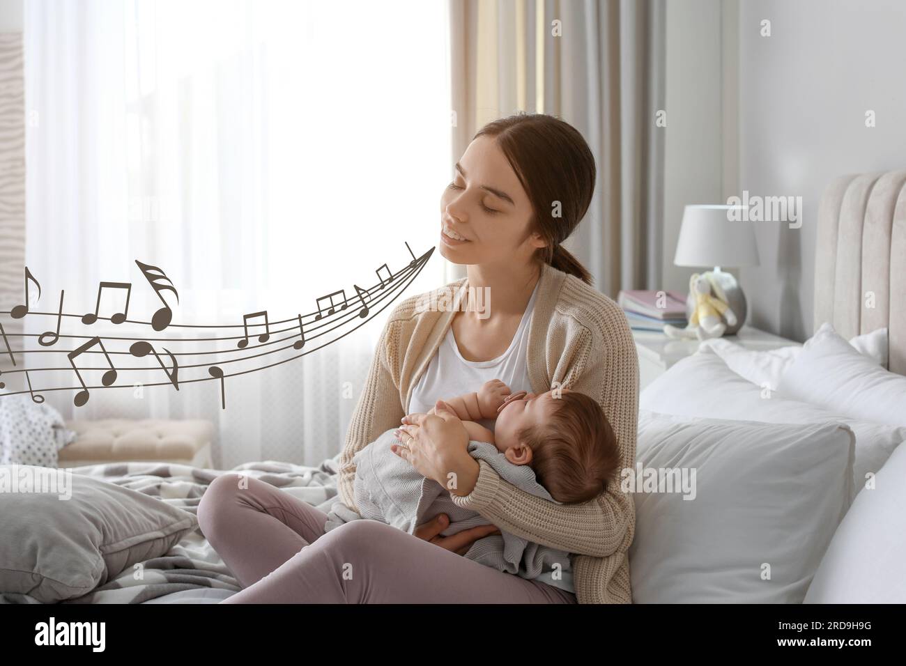 Mother singing lullaby to her sleepy baby at home. Illustration of ...