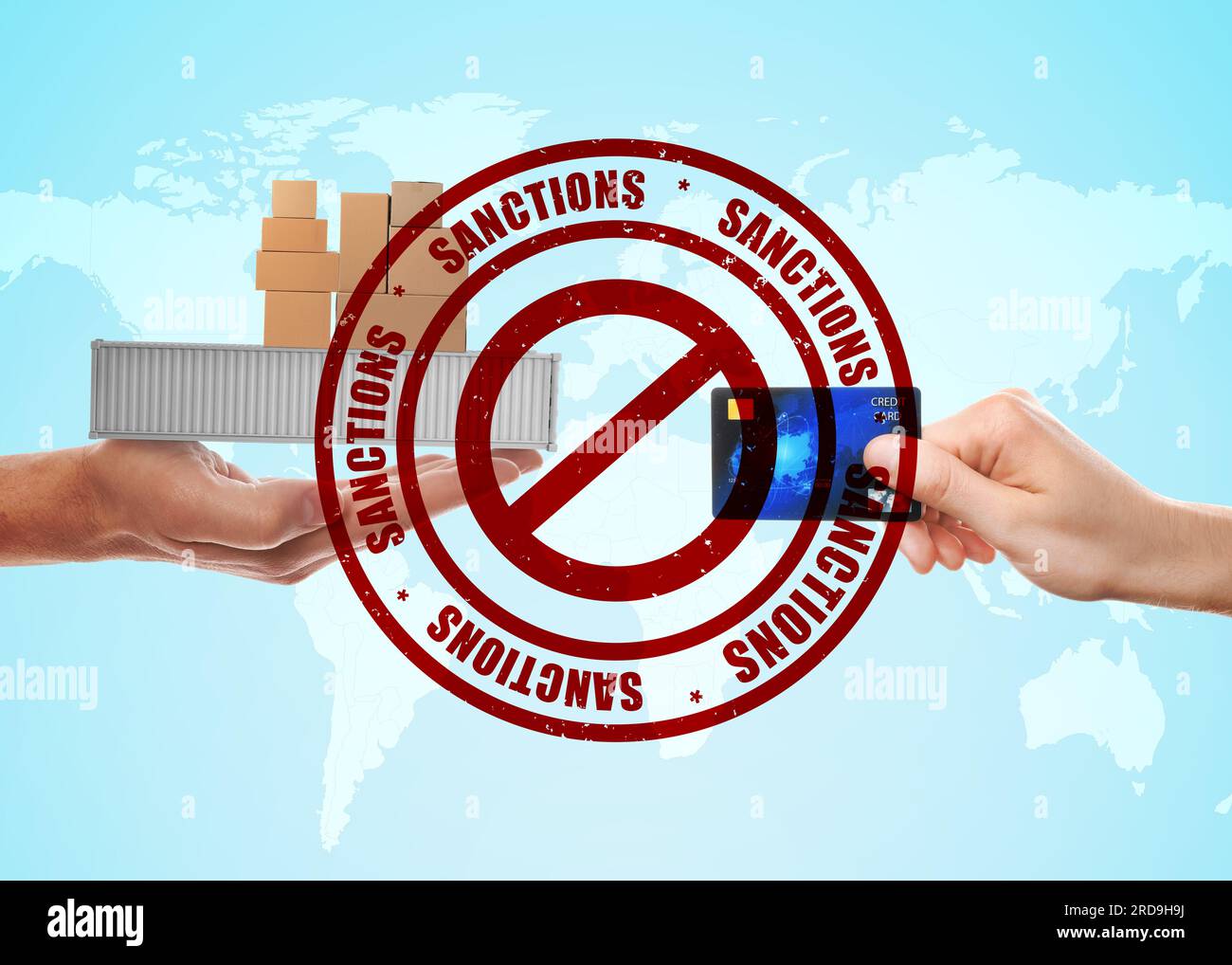 Economic sanctions. Man paying for goods by bank card. Illustration of ...