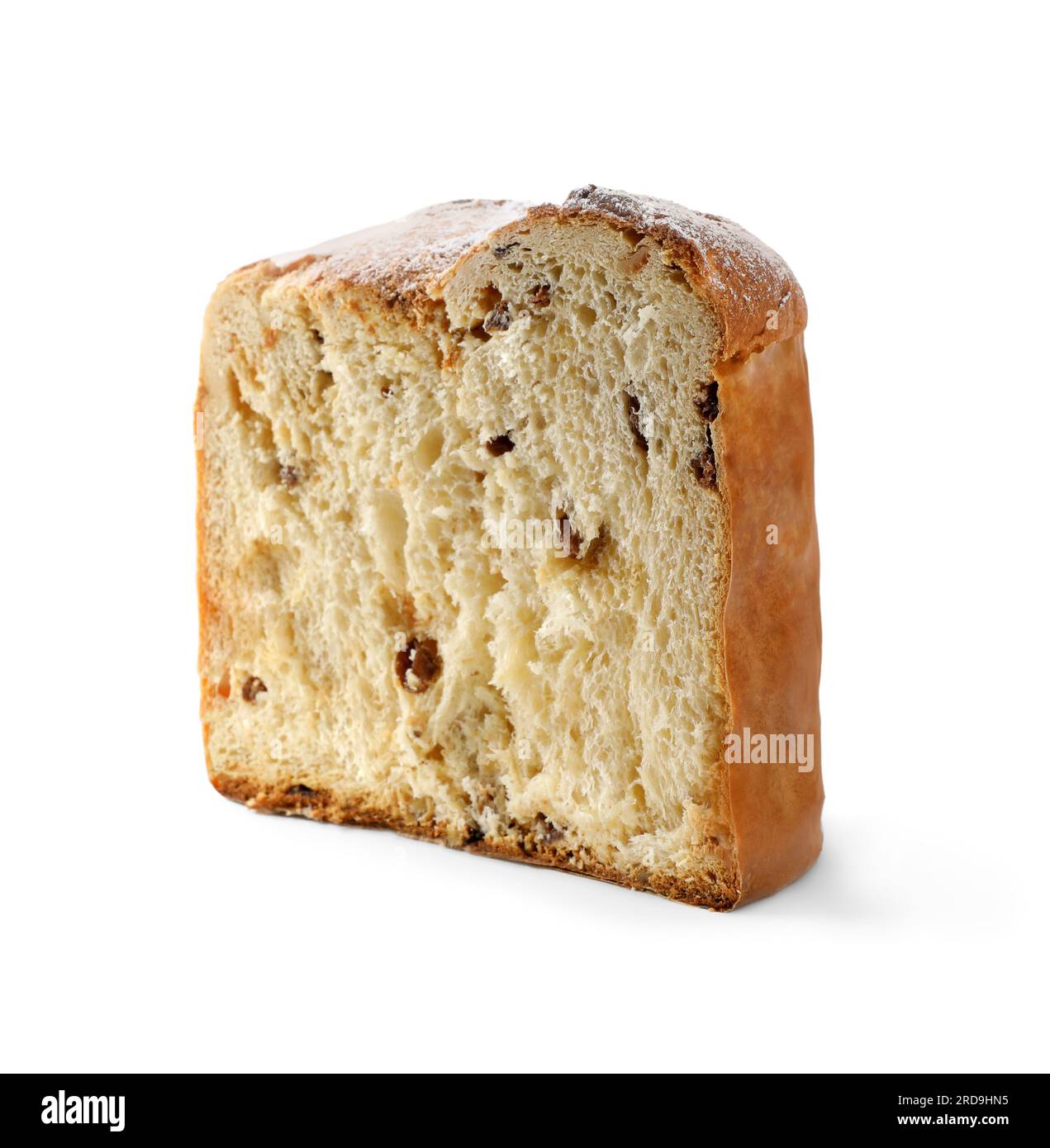 Half of delicious Panettone cake with powdered sugar on white ...