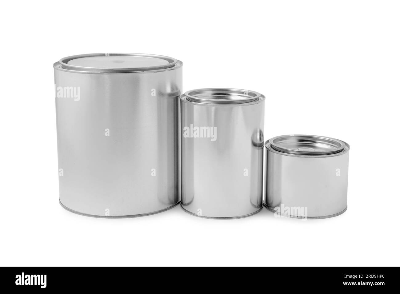 New metal paint cans on white background Stock Photo - Alamy