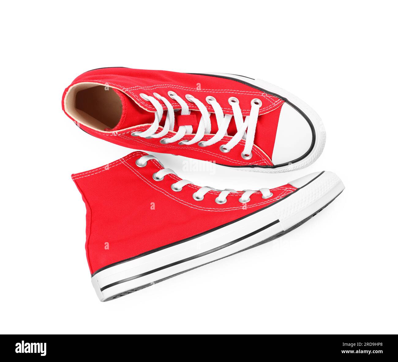 Pair of new red stylish plimsolls on white background, top view Stock ...