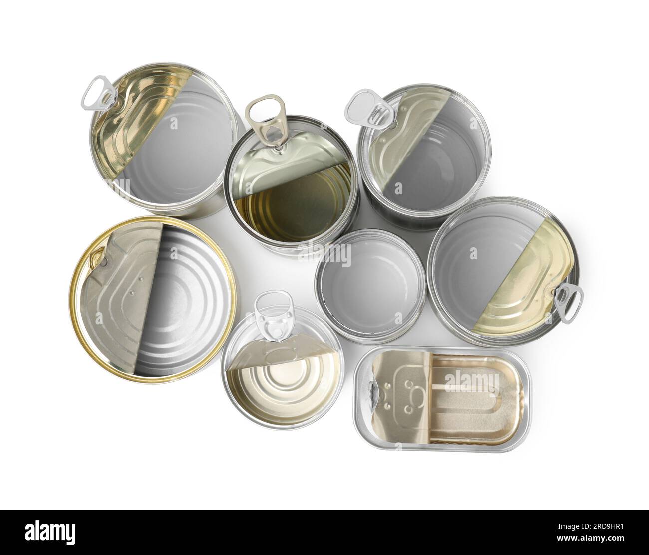 Many open tin cans isolated on white, top view Stock Photo - Alamy