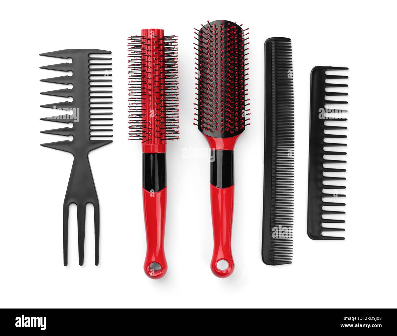 Set of hair brushes and combs isolated on white, top view Stock Photo ...