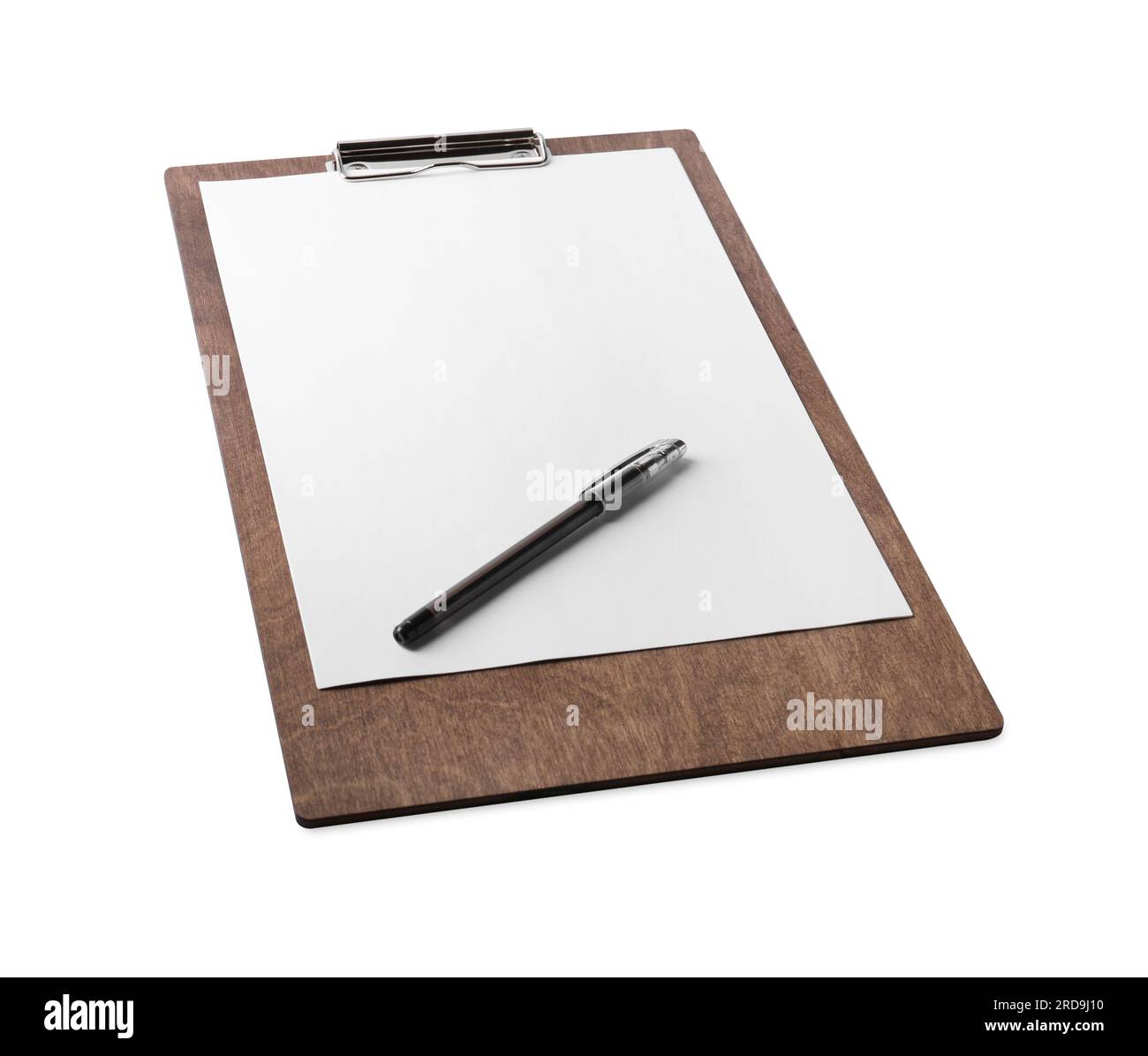 Wooden clipboard with sheet of paper and pen isolated on white. Space ...