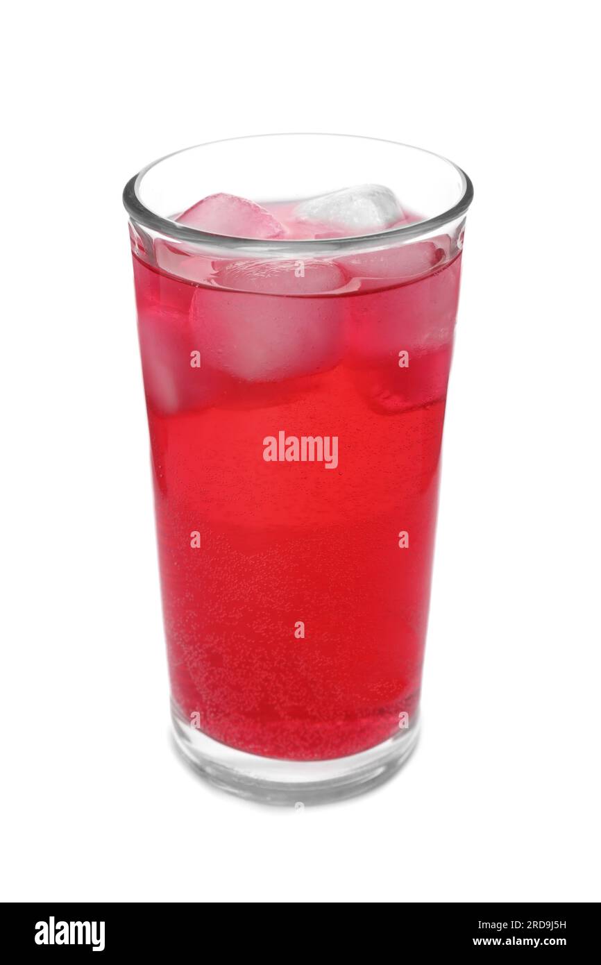 Glass of red soda water with ice cubes isolated on white Stock Photo ...