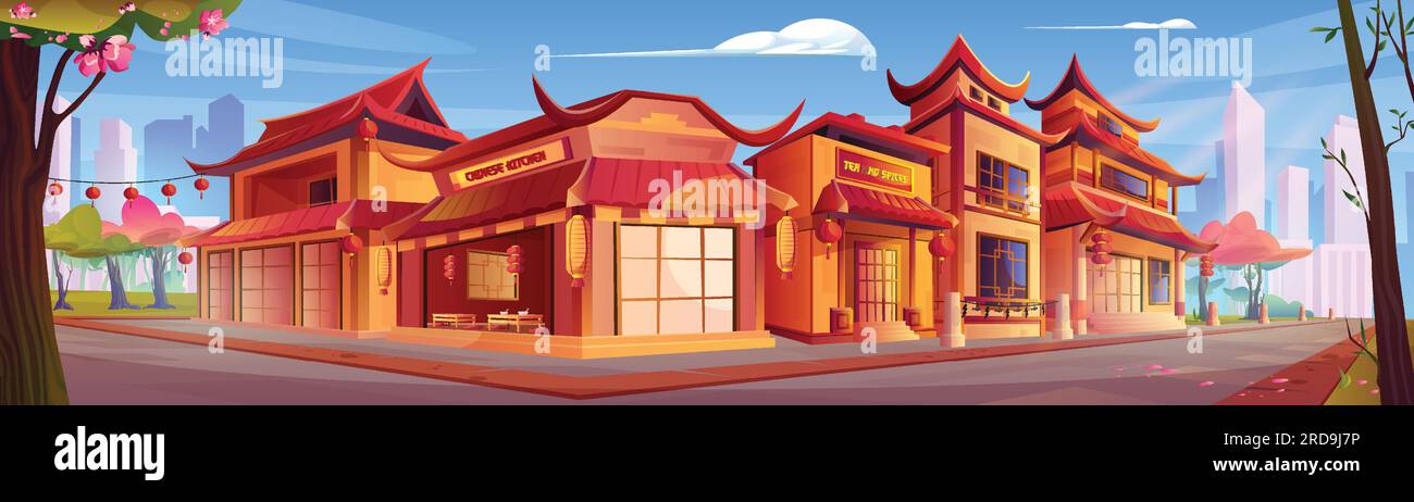 China town street in modern city. Vector cartoon illustration of old ...
