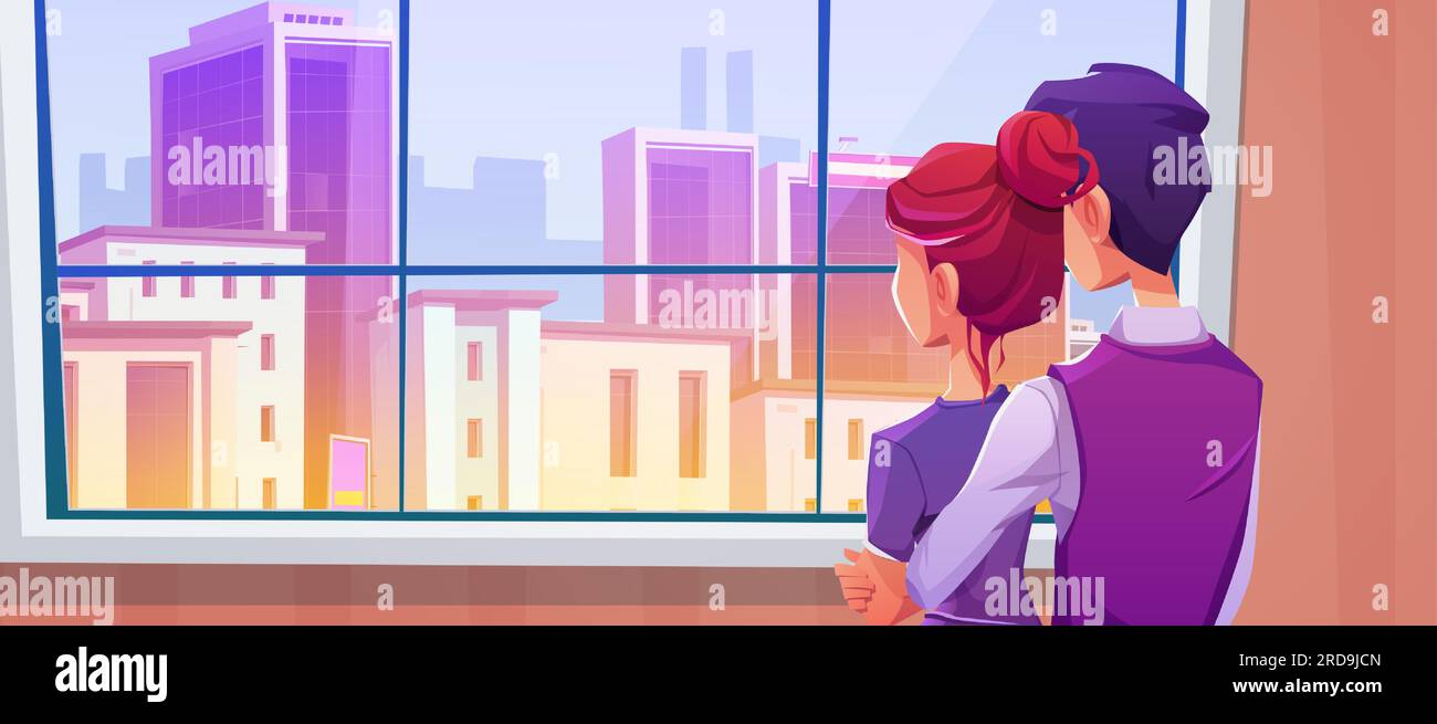 Couple standing near city building view window cartoon background. Man ...