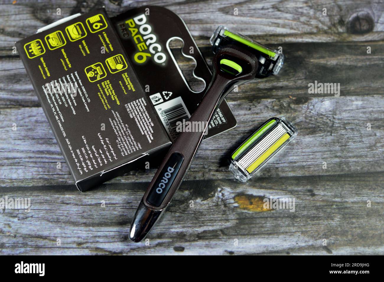 Cairo, Egypt, July 5 2023: Dorco Pace 6 Pro for shaving comes with ...