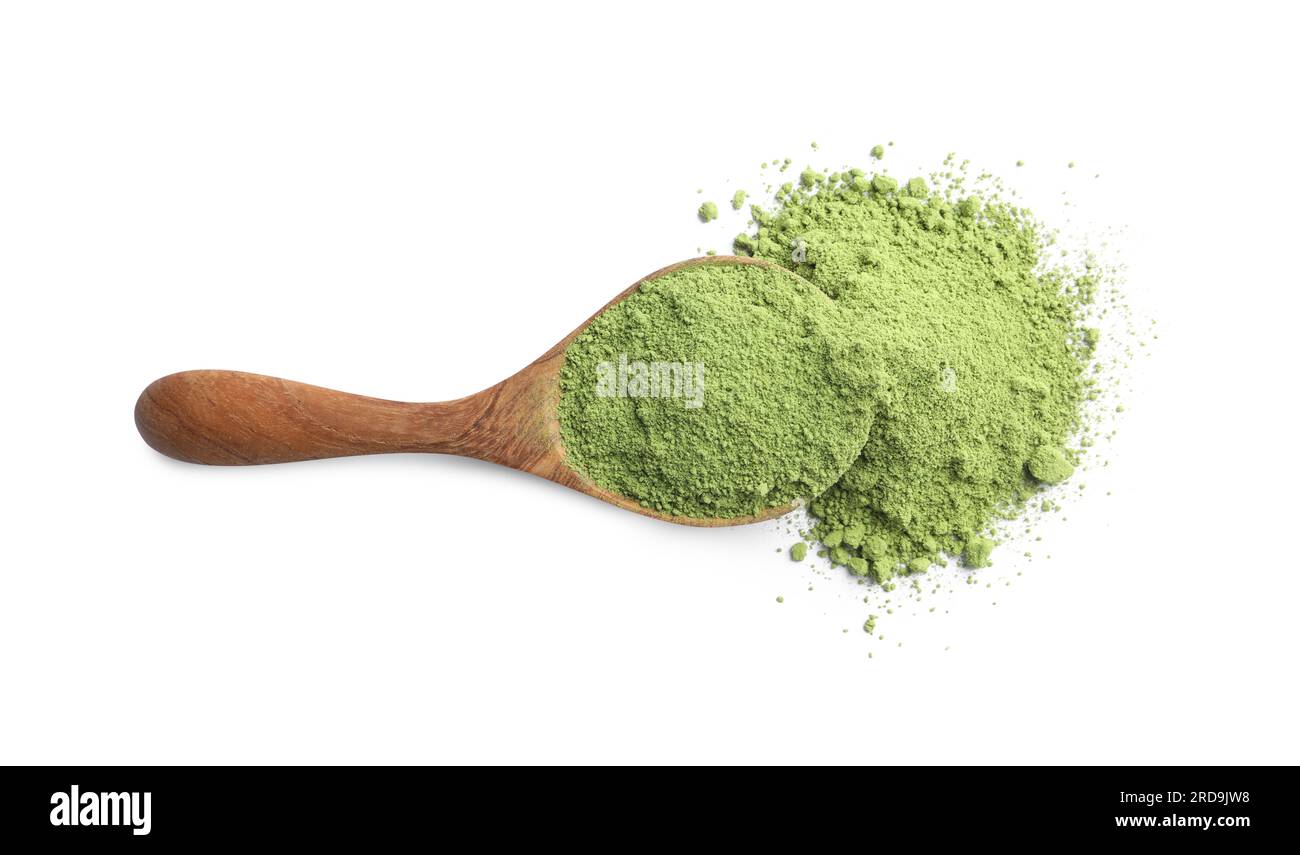 Wooden spoon with green matcha powder isolated on white, top view Stock ...