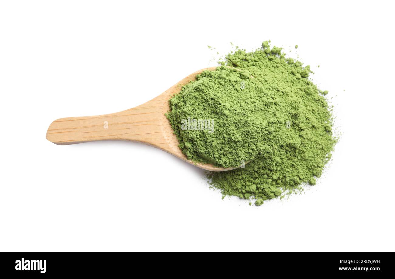 Wooden spoon with green matcha powder isolated on white, top view Stock ...