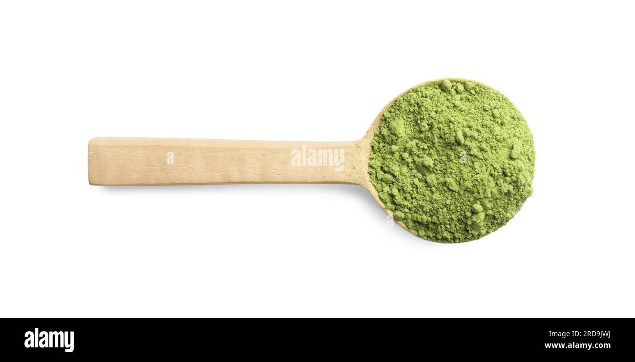 Wooden spoon with green matcha powder isolated on white, top view Stock ...