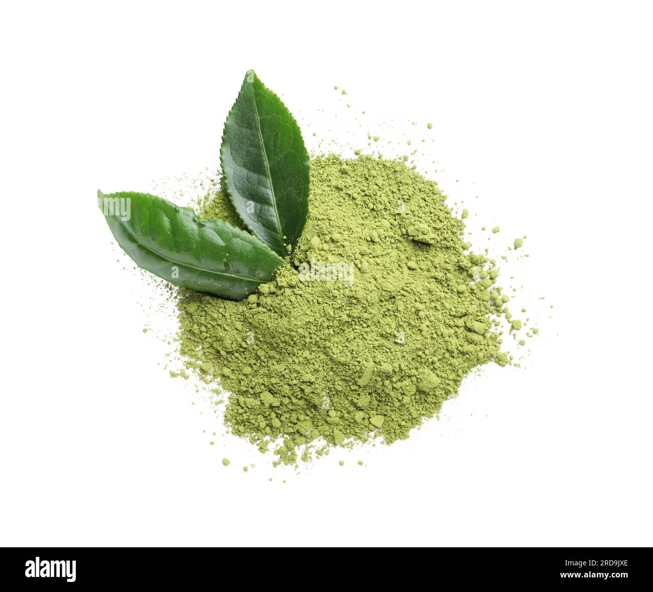 Pile of green matcha powder and fresh leaves isolated on white, top ...