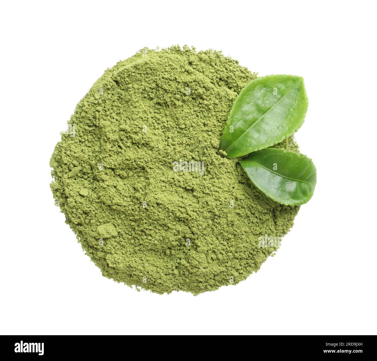 Pile of green matcha powder and fresh leaves isolated on white, top ...