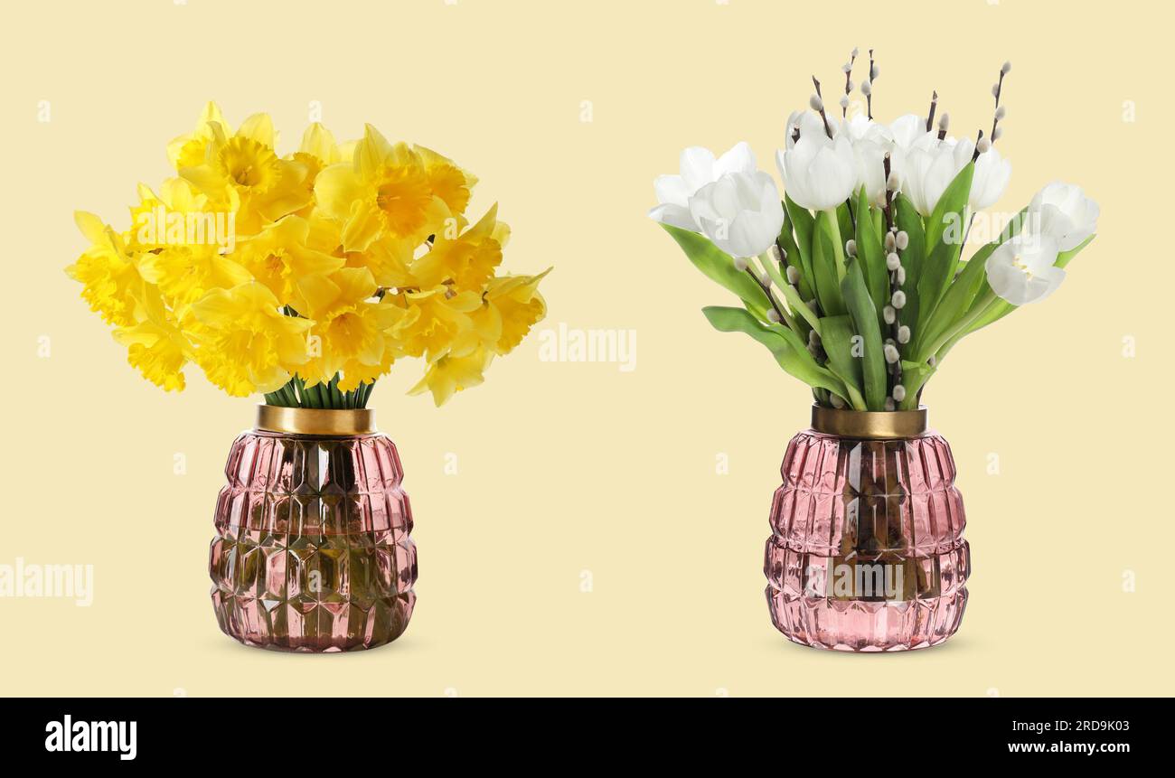 Collage of stylish vase with different bouquets on pale yellow ...