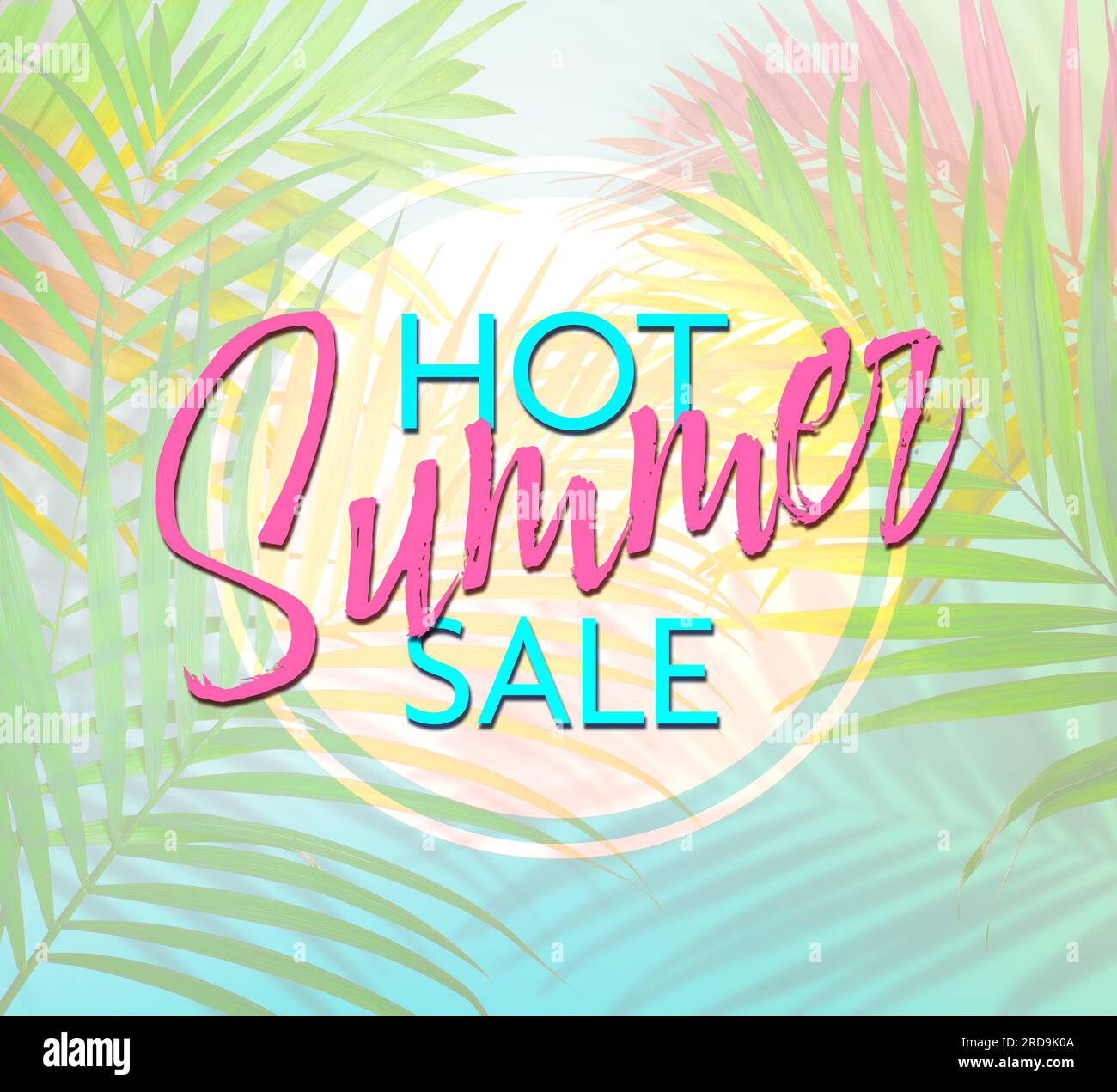 Flyer design with colorful palm leaves and text Hot Summer Sale Stock ...