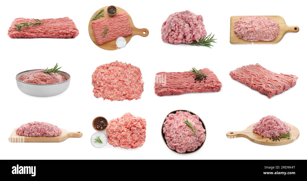 Collage with fresh raw minced meat on white background Stock Photo - Alamy