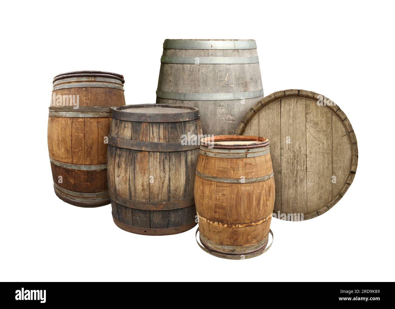 Many different wooden barrels on white background Stock Photo - Alamy