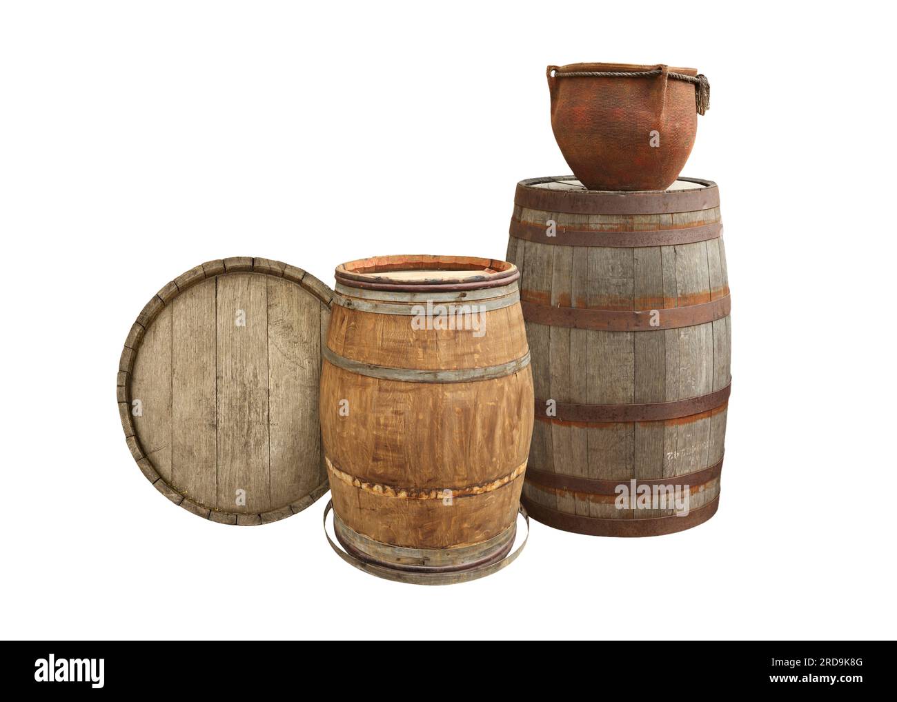 Many different wooden barrels and clay pot on white background Stock ...