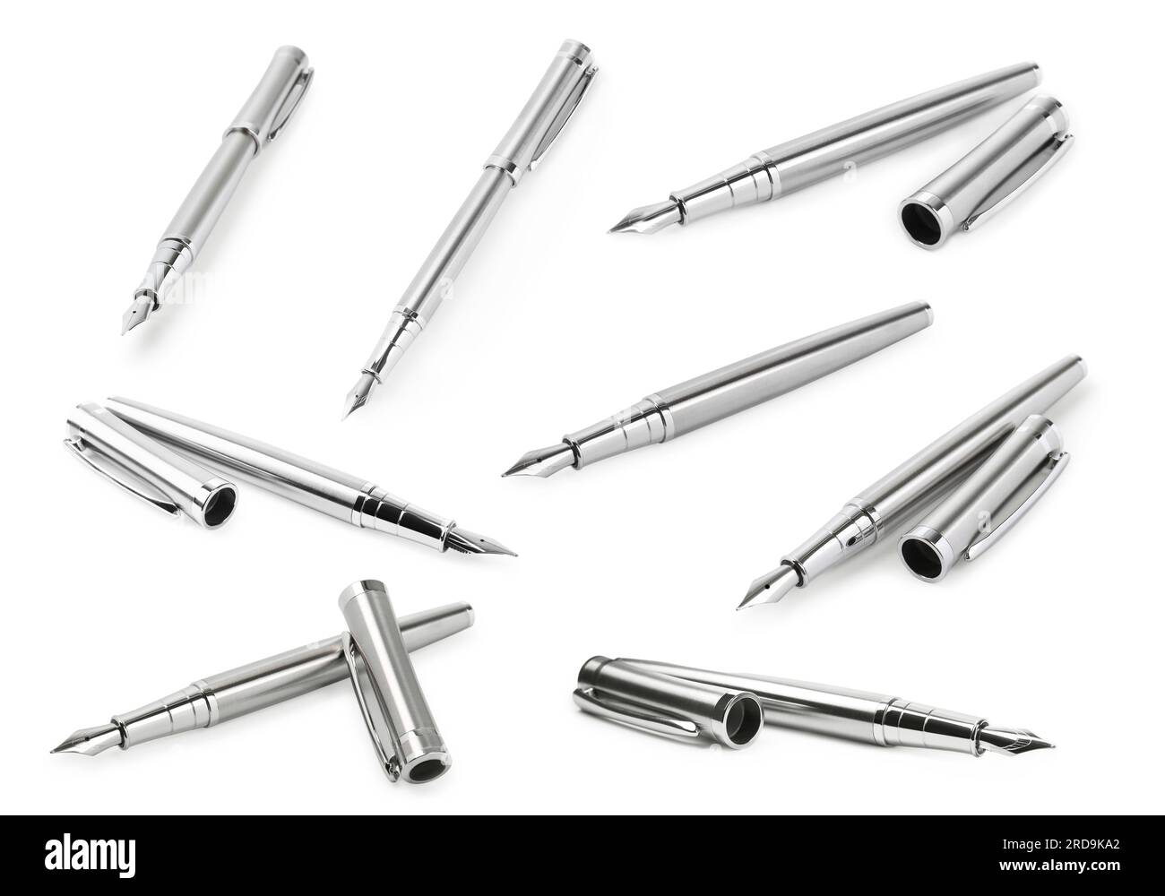 Collage with fountain pens on white background Stock Photo - Alamy