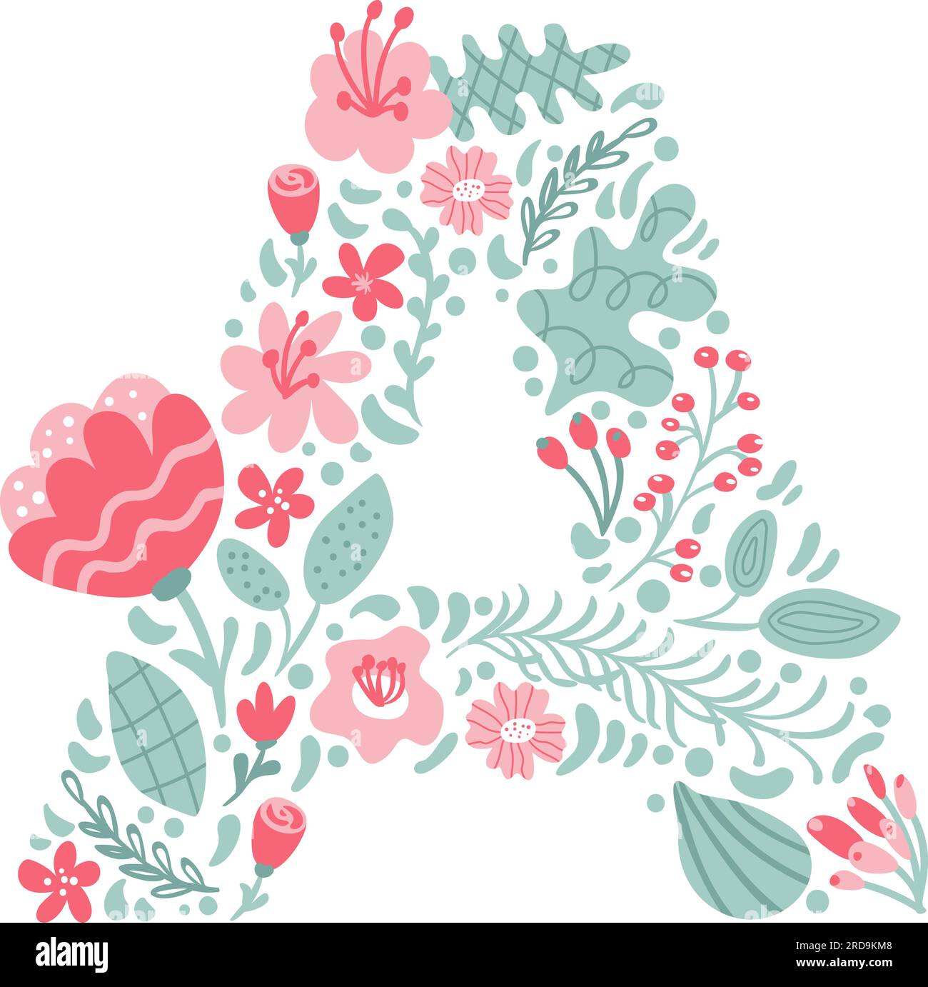 Vector Hand Drawn Font Letter A with Flowers and Branches Blossom ...