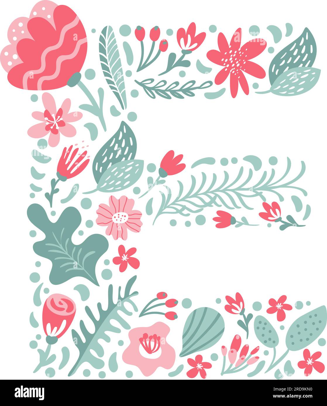 Vector Hand Drawn Font Letter E with Flowers and Branches Blossom ...