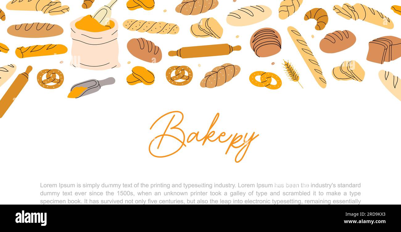 Breads shop banner. Bakery horizontal background. Wheat bread, pretzel ...