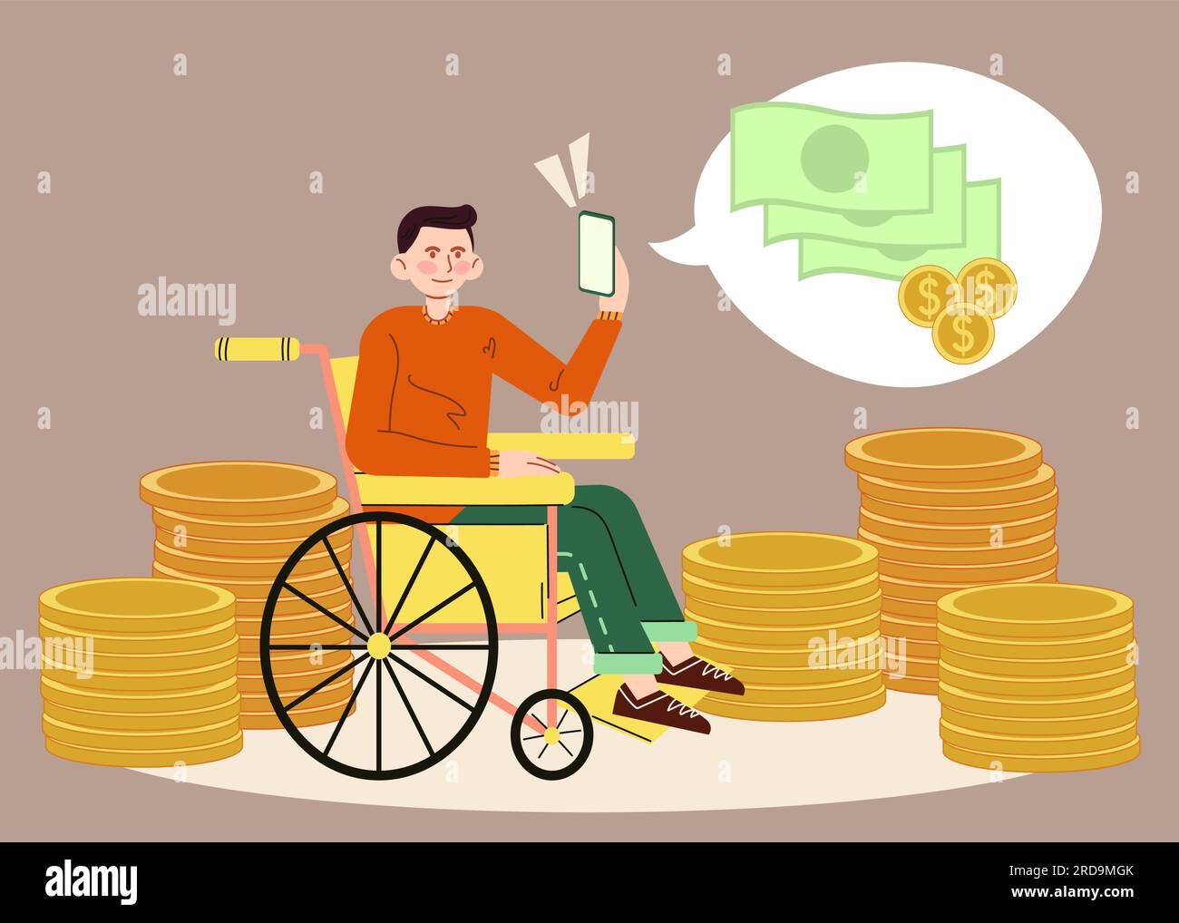 Cheerful man on wheelchair holding phone with notification about money ...