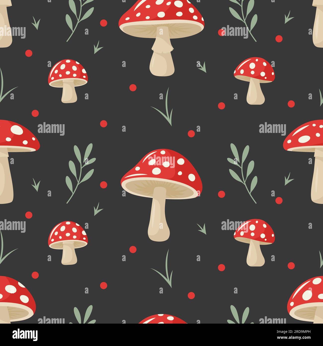 Vector Seamless Pattern with Hand Drawn Cartoon Flat Mushrooms on Black ...