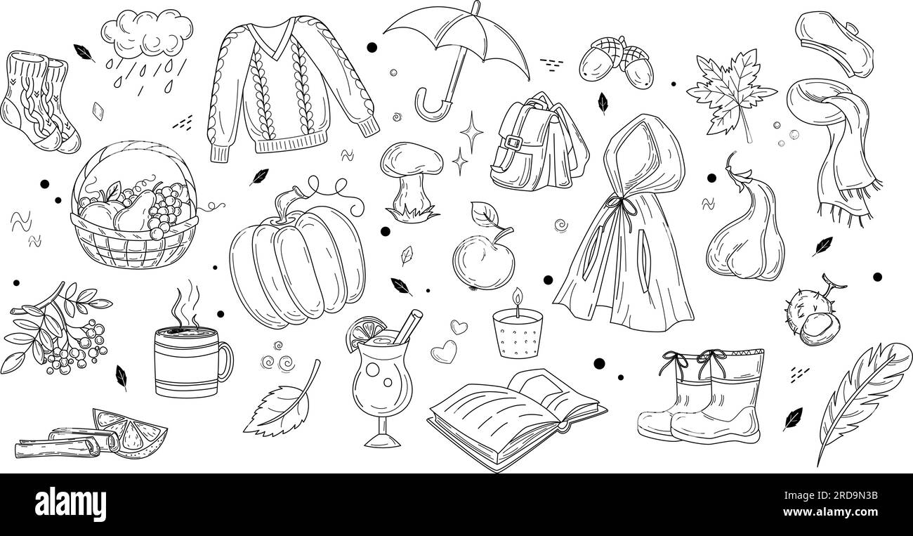 Set on the theme of autumn in the style of black and white doodle ...