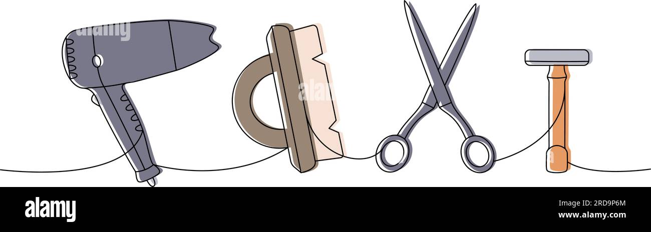 Set of barber shop tools one line colored continuous drawing. Hair ...